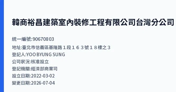 韓商裕昌建築室內裝修工程有限公司台灣分公司的照片-統編 90670803(臺北市) 公司登記資料與營業項目詳細圖表