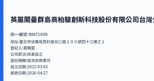 英屬開曼群島商柏駿創新科技股份有限公司台灣分公司的照片-統編 90671009(臺北市) 公司登記資料與營業項目詳細圖表
