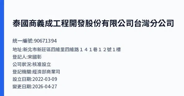 泰國商義成工程開發股份有限公司台灣分公司的照片-統編 90671394(新北市) 公司登記資料與營業項目詳細圖表