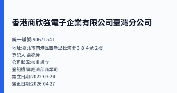 香港商欣強電子企業有限公司臺灣分公司的照片-統編 90671541(臺北市) 公司登記資料與營業項目詳細圖表