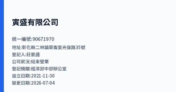 寅盛有限公司的照片-統編 90671970(彰化縣) 公司登記資料與營業項目詳細圖表