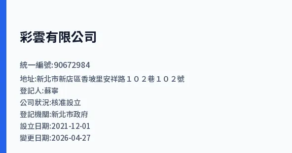彩雲有限公司的照片-統編 90672984(新北市) 公司登記資料與營業項目詳細圖表