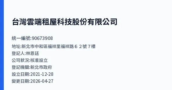 台灣雲端租屋科技股份有限公司的照片-統編 90673908(新北市) 公司登記資料與營業項目詳細圖表