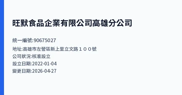 旺默食品企業有限公司高雄分公司的照片-統編 90675027(高雄市) 公司登記資料與營業項目詳細圖表