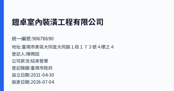 鎧卓室內裝潢工程有限公司的照片-統編 90678690(臺南市) 公司登記資料與營業項目詳細圖表