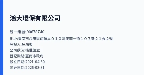 鴻大環保有限公司的照片-統編 90678740(臺南市) 公司登記資料與營業項目詳細圖表