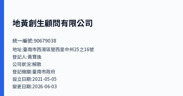 地黃創生顧問有限公司的照片-統編 90679038(臺南市) 公司登記資料與營業項目詳細圖表