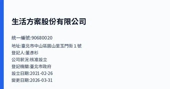 生活方案股份有限公司的照片-統編 90680020(臺北市) 公司登記資料與營業項目詳細圖表
