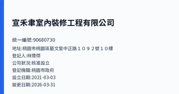 宣禾聿室內裝修工程有限公司的照片-統編 90680730(桃園市) 公司登記資料與營業項目詳細圖表