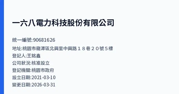 一六八電力科技股份有限公司的照片-統編 90681626(桃園市) 公司登記資料與營業項目詳細圖表