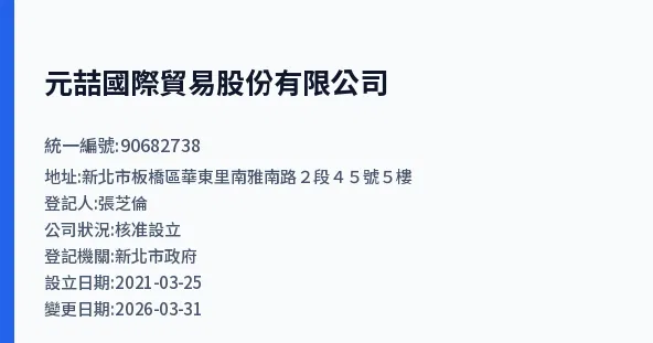 元喆國際貿易股份有限公司的照片-統編 90682738(新北市) 公司登記資料與營業項目詳細圖表
