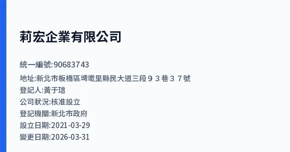 莉宏企業有限公司的照片-統編 90683743(新北市) 公司登記資料與營業項目詳細圖表