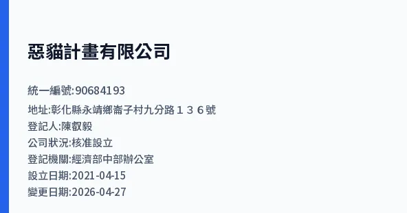 惡貓計畫有限公司的照片-統編 90684193(彰化縣) 公司登記資料與營業項目詳細圖表