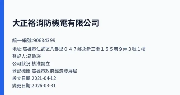 大正裕消防機電有限公司的照片-統編 90684399(高雄市) 公司登記資料與營業項目詳細圖表
