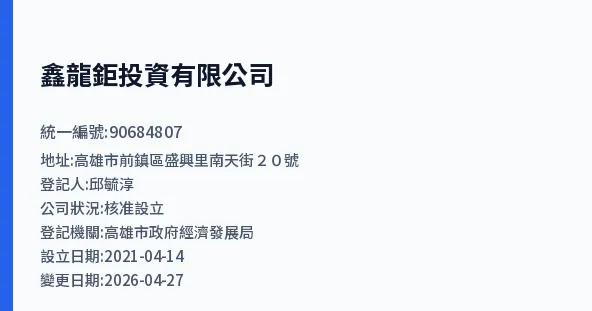 鑫龍鉅投資有限公司的照片-統編 90684807(高雄市) 公司登記資料與營業項目詳細圖表