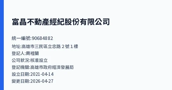 富晶不動產經紀股份有限公司的照片-統編 90684882(高雄市) 公司登記資料與營業項目詳細圖表