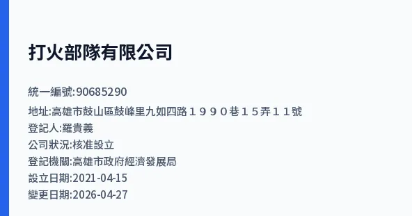 打火部隊有限公司的照片-統編 90685290(高雄市) 公司登記資料與營業項目詳細圖表