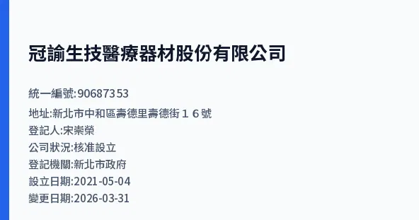 冠諭生技醫療器材股份有限公司的照片-統編 90687353(新北市) 公司登記資料與營業項目詳細圖表