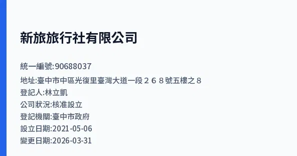 新旅旅行社有限公司的照片-統編 90688037(臺中市) 公司登記資料與營業項目詳細圖表