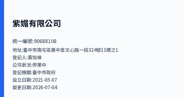 紫媚有限公司的照片-統編 90688108(臺中市) 公司登記資料與營業項目詳細圖表
