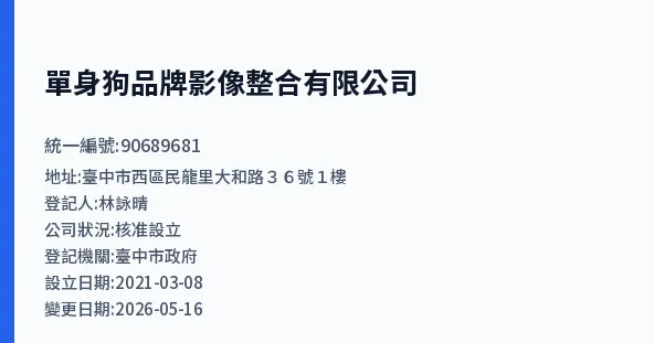 單身狗品牌影像整合有限公司的照片-統編 90689681(臺中市) 公司登記資料與營業項目詳細圖表