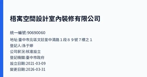 梧寓空間設計室內裝修有限公司的照片-統編 90690060(臺中市) 公司登記資料與營業項目詳細圖表