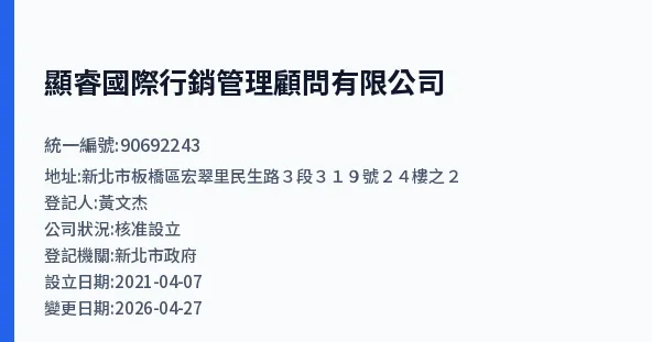 顯睿國際行銷管理顧問有限公司的照片-統編 90692243(新北市) 公司登記資料與營業項目詳細圖表