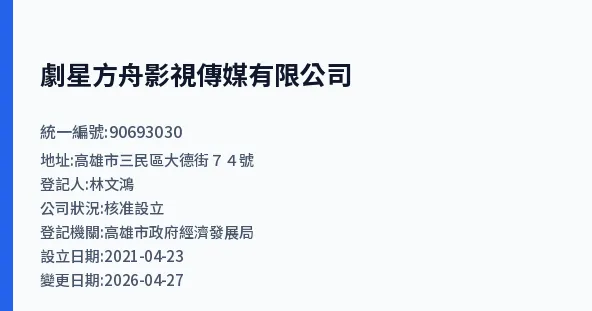 劇星方舟影視傳媒有限公司的照片-統編 90693030(高雄市) 公司登記資料與營業項目詳細圖表