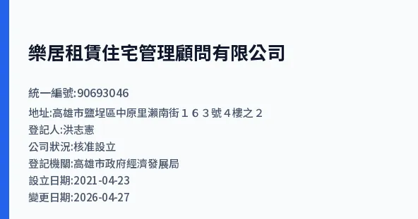 樂居租賃住宅管理顧問有限公司的照片-統編 90693046(高雄市) 公司登記資料與營業項目詳細圖表