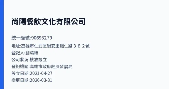 尚陽餐飲文化有限公司的照片-統編 90693279(高雄市) 公司登記資料與營業項目詳細圖表