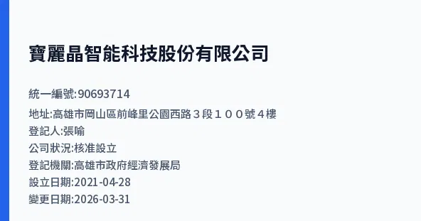 寶麗晶智能科技股份有限公司的照片-統編 90693714(高雄市) 公司登記資料與營業項目詳細圖表
