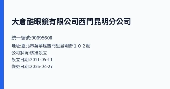 大倉酷眼鏡有限公司西門昆明分公司的照片-統編 90695608(臺北市) 公司登記資料與營業項目詳細圖表