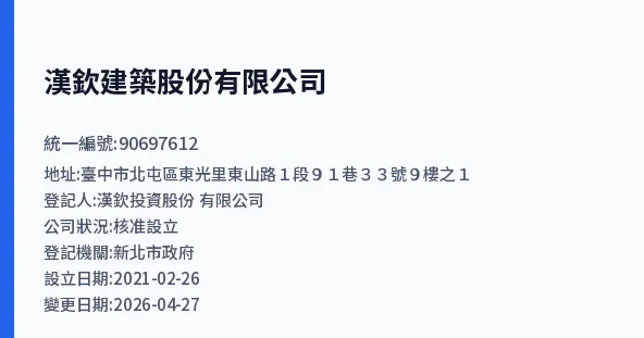 漢欽建築股份有限公司的照片-統編 90697612(臺中市) 公司登記資料與營業項目詳細圖表