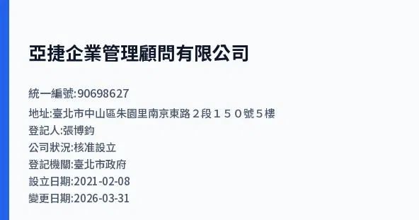 亞捷企業管理顧問有限公司的照片-統編 90698627(臺北市) 公司登記資料與營業項目詳細圖表