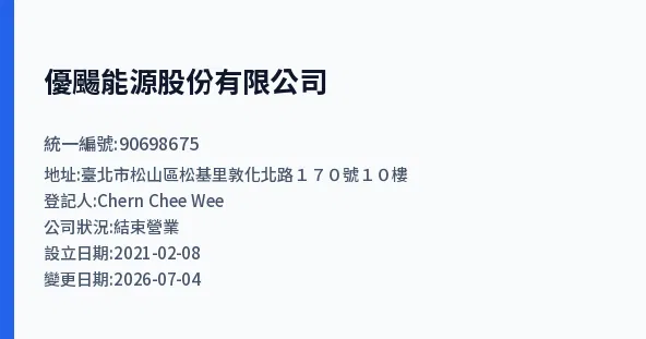 優颺能源股份有限公司的照片-統編 90698675(臺北市) 公司登記資料與營業項目詳細圖表
