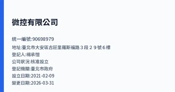 微控有限公司的照片-統編 90698979(臺北市) 公司登記資料與營業項目詳細圖表