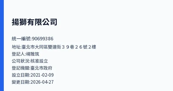 揚獅有限公司的照片-統編 90699386(臺北市) 公司登記資料與營業項目詳細圖表