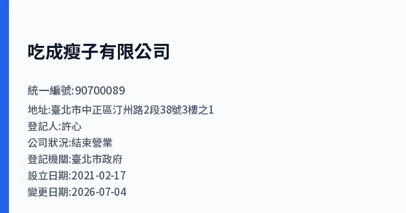 吃成瘦子有限公司的照片-統編 90700089(臺北市) 公司登記資料與營業項目詳細圖表