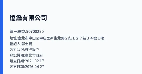 遠鑑有限公司的照片-統編 90700285(臺北市) 公司登記資料與營業項目詳細圖表