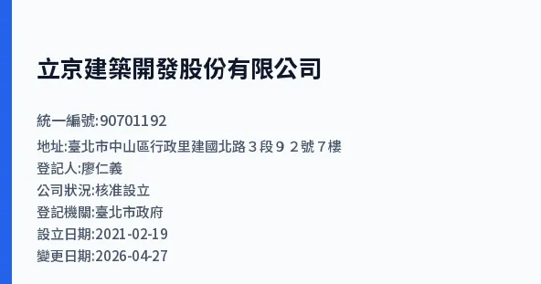 立京建築開發股份有限公司的照片-統編 90701192(臺北市) 公司登記資料與營業項目詳細圖表