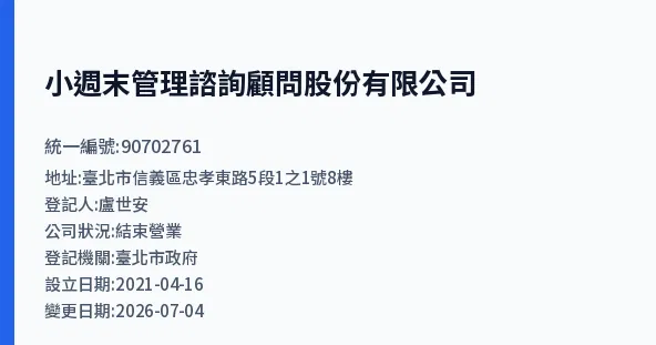 小週末管理諮詢顧問股份有限公司的照片-統編 90702761(臺北市) 公司登記資料與營業項目詳細圖表