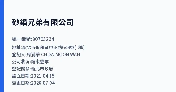 砂鍋兄弟有限公司的照片-統編 90703234(新北市) 公司登記資料與營業項目詳細圖表