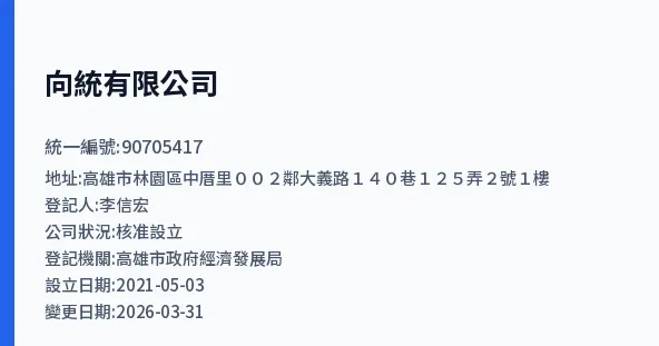 向統有限公司的照片-統編 90705417(高雄市) 公司登記資料與營業項目詳細圖表