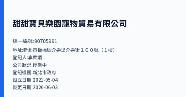 甜甜寶貝樂園寵物貿易有限公司的照片-統編 90705991(新北市) 公司登記資料與營業項目詳細圖表