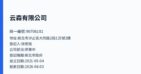 云森有限公司的照片-統編 90706181(新北市) 公司登記資料與營業項目詳細圖表