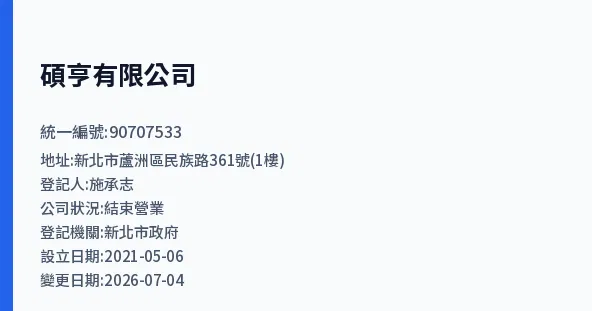 碩亨有限公司的照片-統編 90707533(新北市) 公司登記資料與營業項目詳細圖表