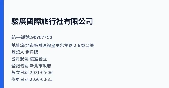 駿廣國際旅行社有限公司的照片-統編 90707750(新北市) 公司登記資料與營業項目詳細圖表
