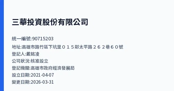 三華投資股份有限公司的照片-統編 90715203(高雄市) 公司登記資料與營業項目詳細圖表