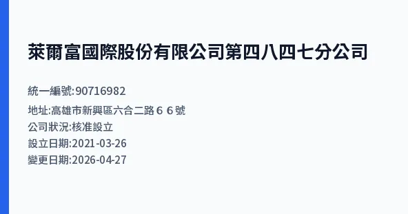 萊爾富國際股份有限公司第四八四七分公司的照片-統編 90716982(高雄市) 公司登記資料與營業項目詳細圖表