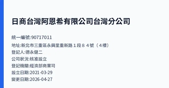 日商台灣阿恩希有限公司台灣分公司的照片-統編 90717011(新北市) 公司登記資料與營業項目詳細圖表
